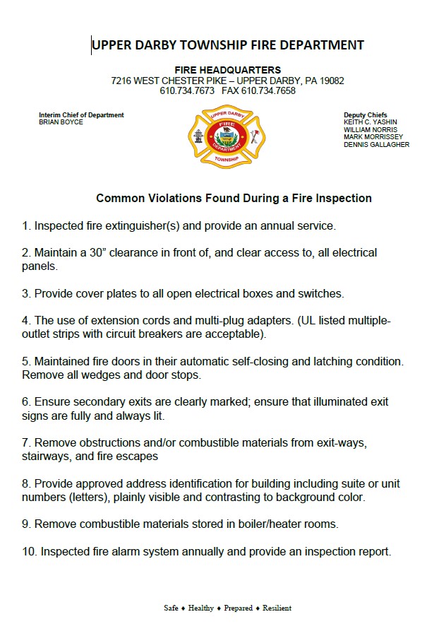 Upper Darby, Pennsylvania - Commercial Property Fire Safety Inspection